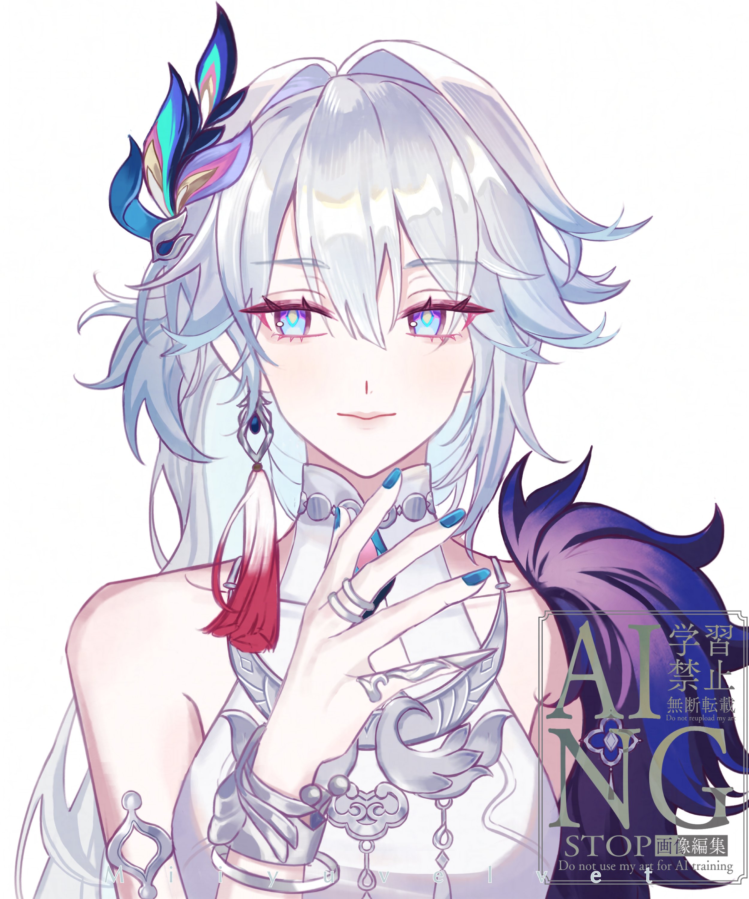 Safebooru - 1girl absurdres armlet blue eyes bright pupils earrings fur ...