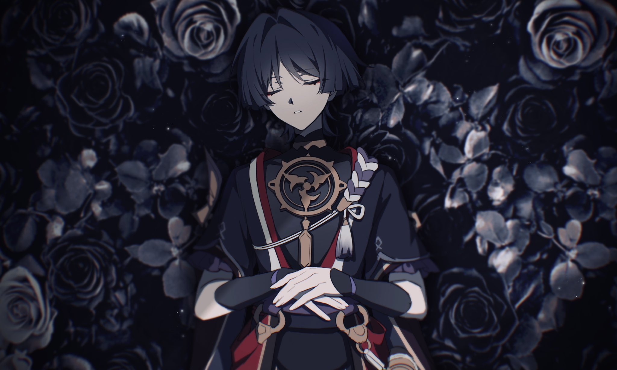 Safebooru - 1boy armor black hair black kimono black sleeves blunt ends ...