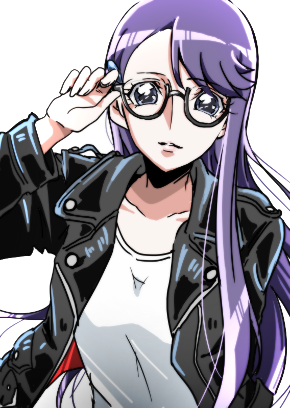 Safebooru - 1girl adjusting eyewear arm behind back asymmetrical bangs bangs black-framed ...