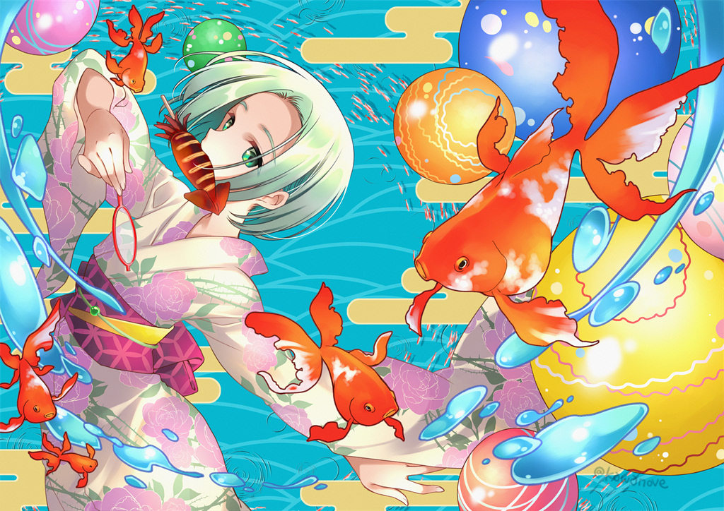 Safebooru - 1girl aqua eyes artist name egasumi festival fish floral ...
