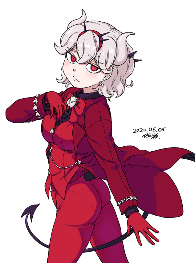 Safebooru - 1girl ass beelzebub (helltaker) black shirt black tail bow bowtie bracelet breasts ...