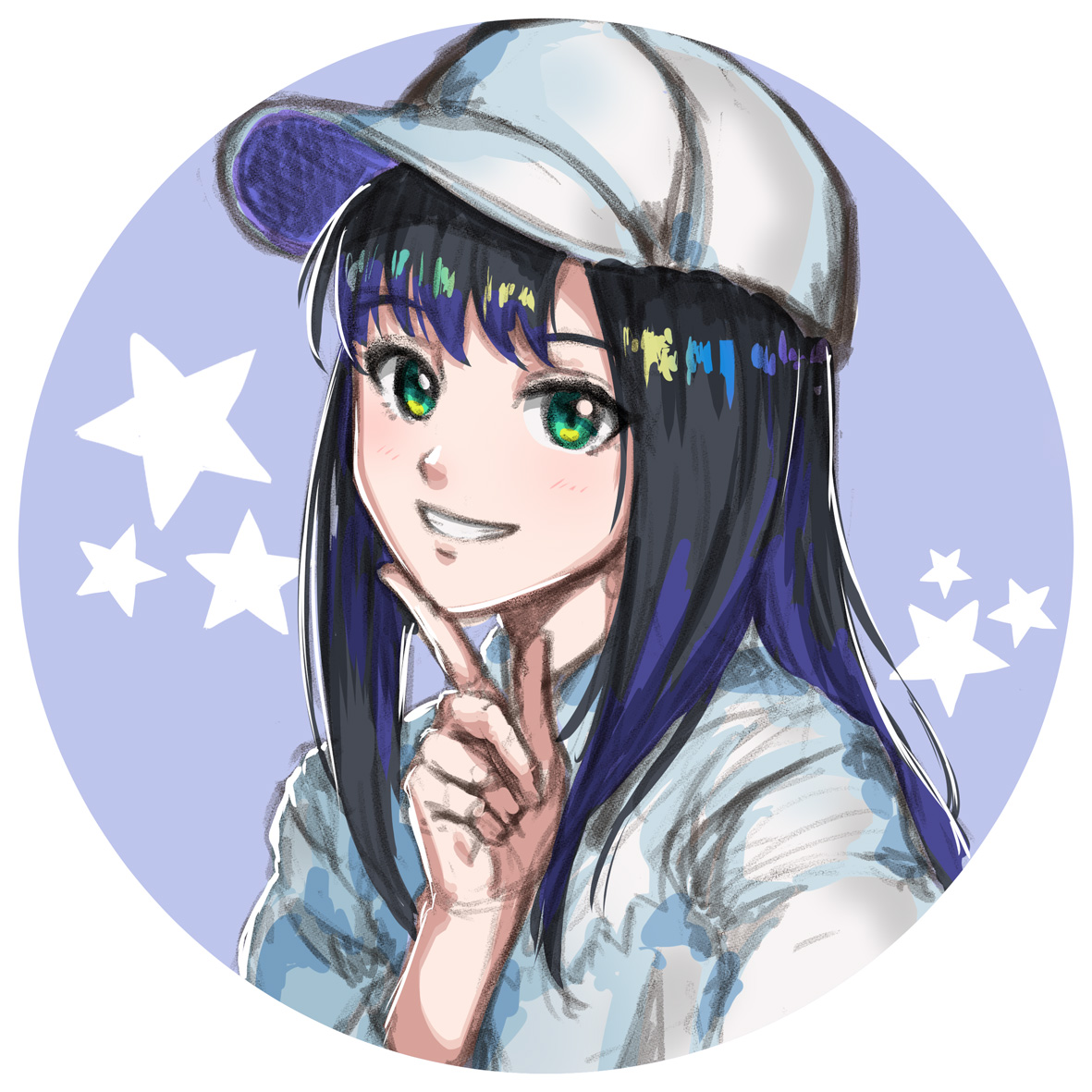 Safebooru - 1girl aqua eyes bangs baseball cap black hair blue background blue hair circle ...