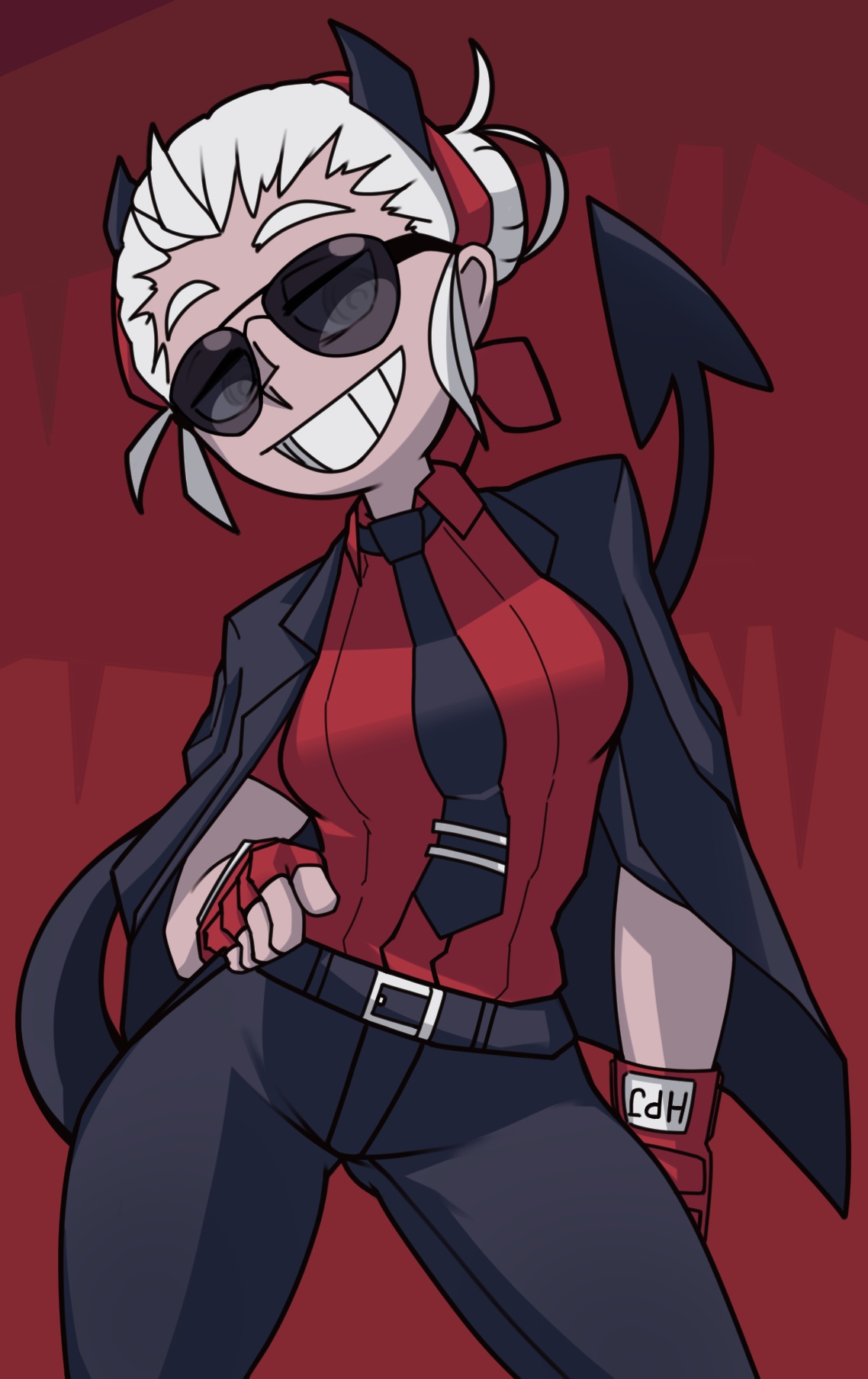 Safebooru - 1girl aviator sunglasses black tie blind fingerless gloves ...