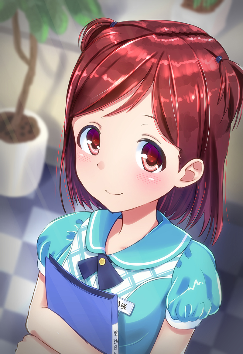 Safebooru - 1girl aoba misaki bangs binder blue shirt blurry blurry background blush crossed ...