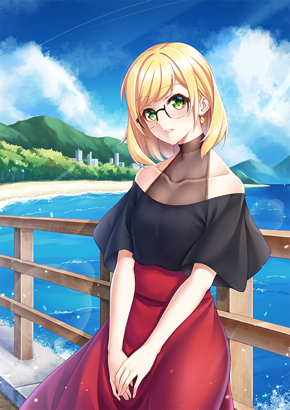 Safebooru - 1girl bangs bare shoulders black dress blue sky blush bob cut breasts city clouds ...