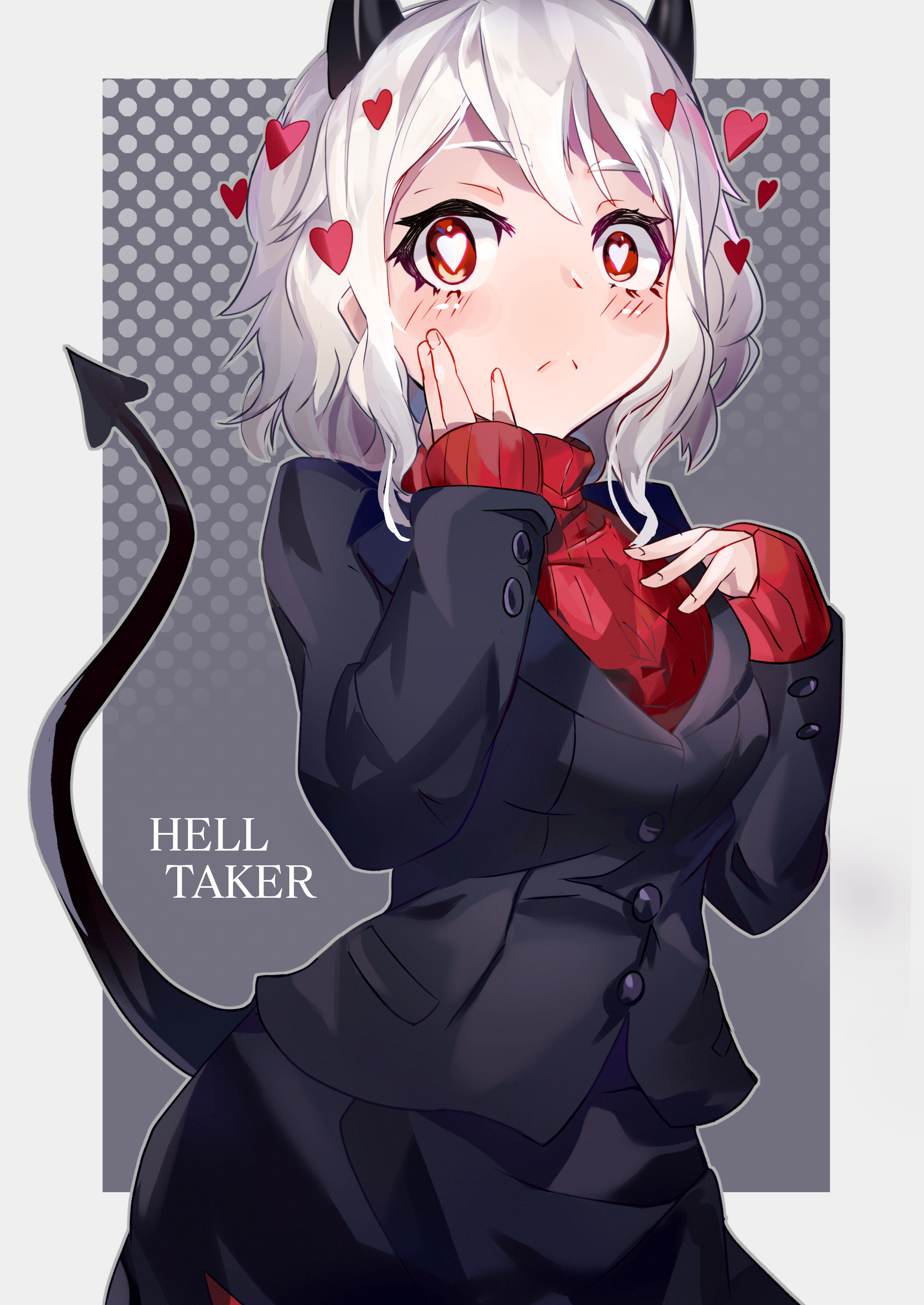 Safebooru - 1girl absurdres arm up black horns black miniskirt black suit black tail blush ...