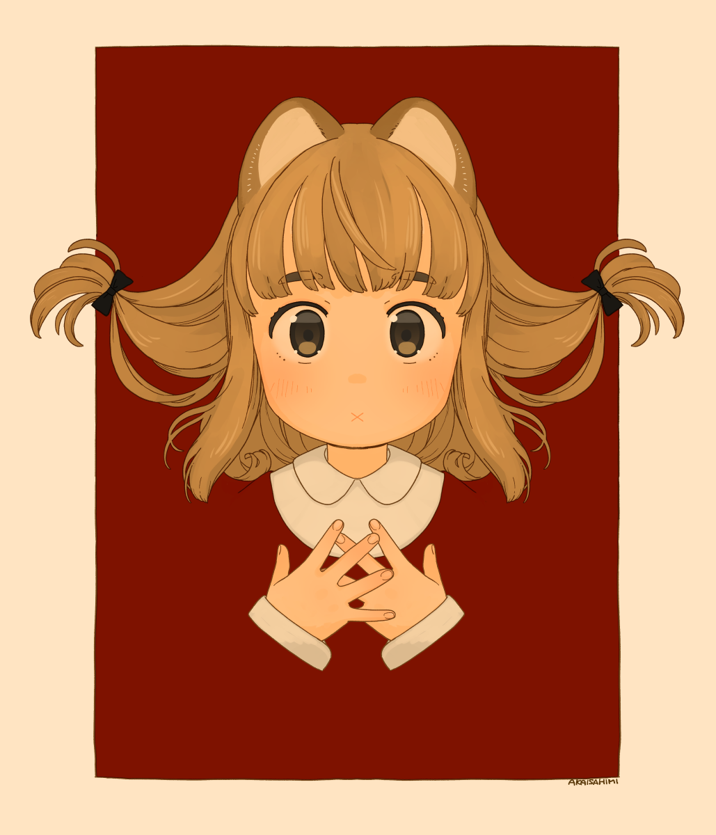 Safebooru - 1girl :x akai sashimi animal ears bangs black eyes blending blunt bangs blush border ...