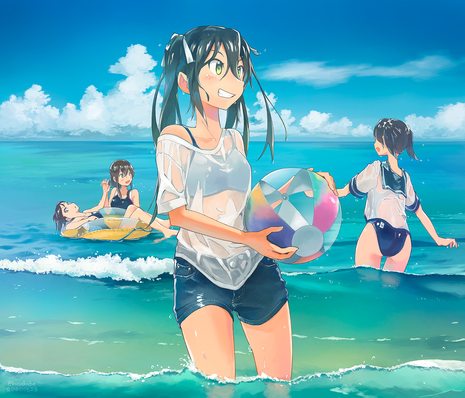 Safebooru - 4girls akagi (kantai collection) ball beachball blue hair blue shorts blush brown ...