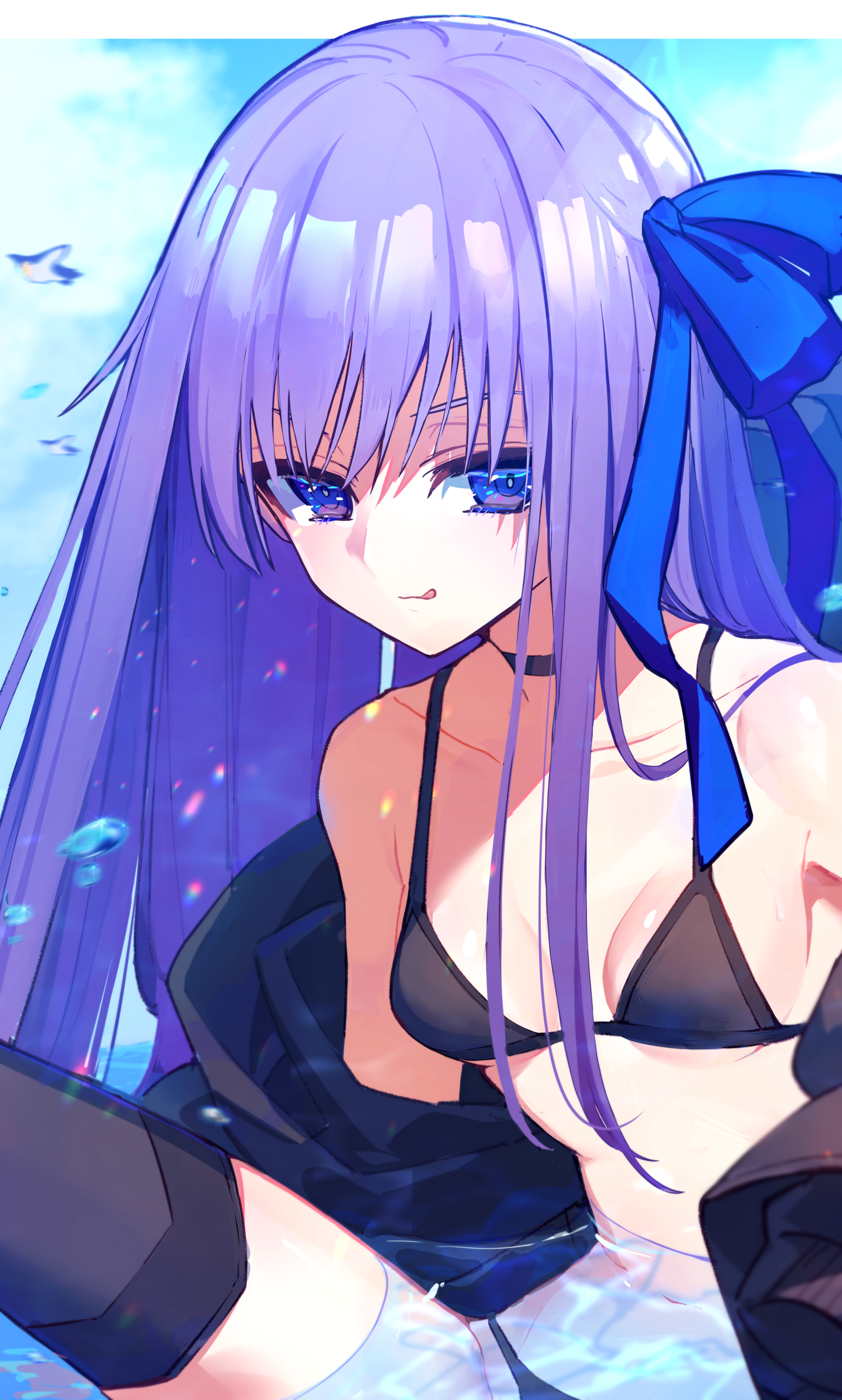 Safebooru - 1girl absurdres bangs bare shoulders bikini bird black bikini black jacket blue eyes ...
