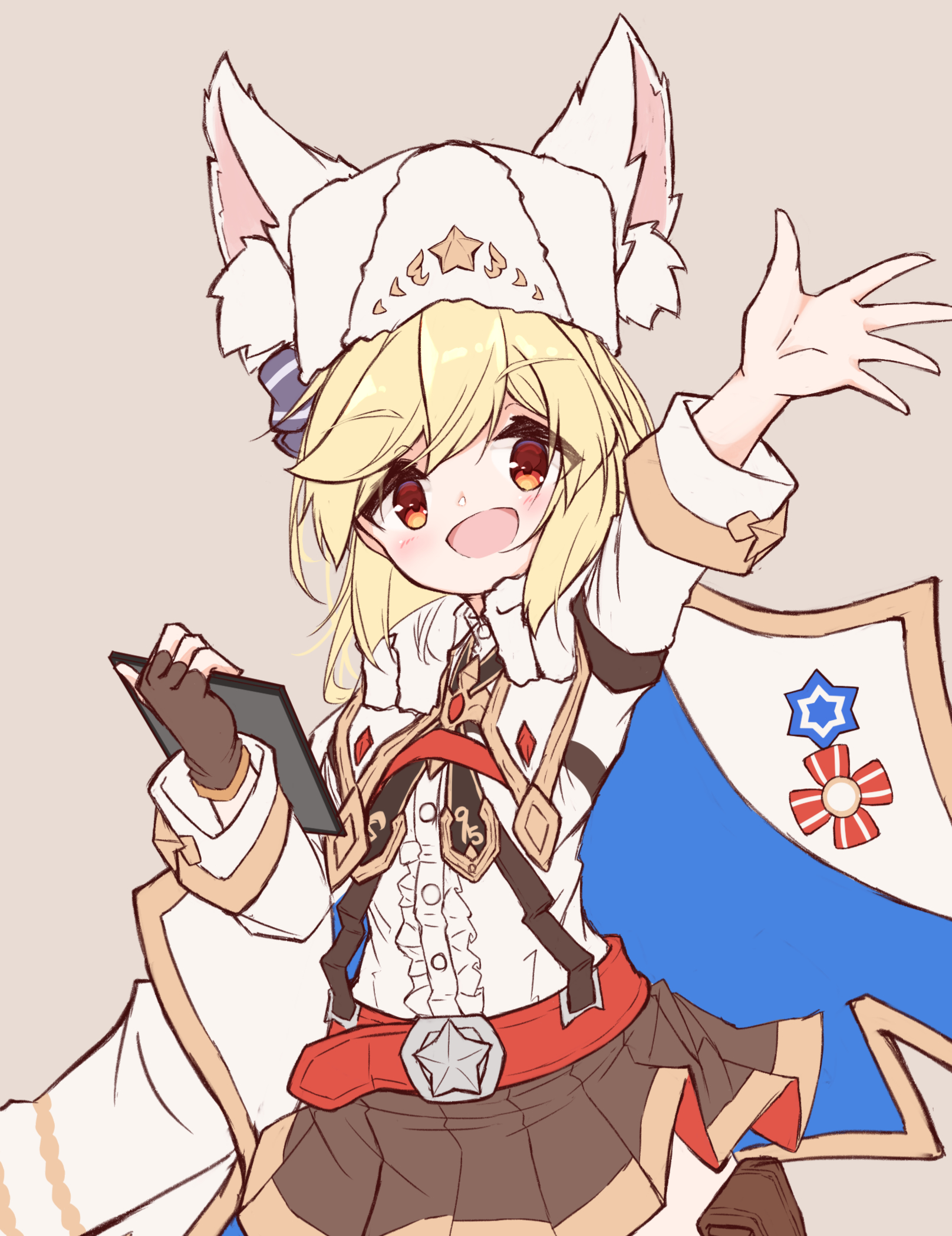 Safebooru - 1girl :d animal ear fluff animal ears animal hat arm up bangs blonde hair blush ...