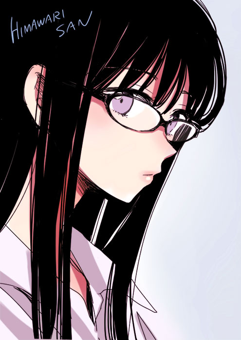 Safebooru - 1girl bangs black-framed eyewear black hair character name collared shirt commentary ...