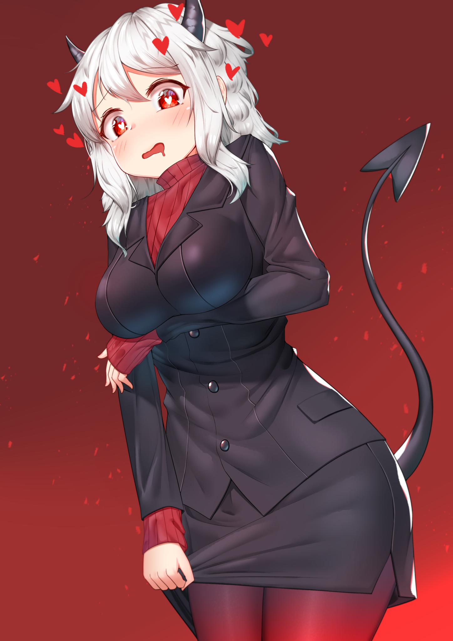 Safebooru - 1girl bangs black horns black jacket black legwear black skirt black suit blush ...