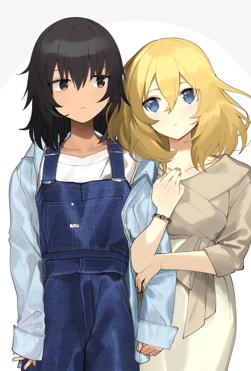 Safebooru - 2girls andou (girls und panzer) arm grab bangs black hair blonde hair blue eyes blue ...