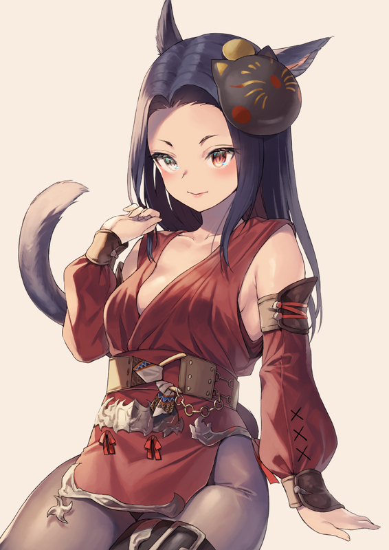 Safebooru - 1girl animal ears bangs bare shoulders black hair breasts brown background brown ...