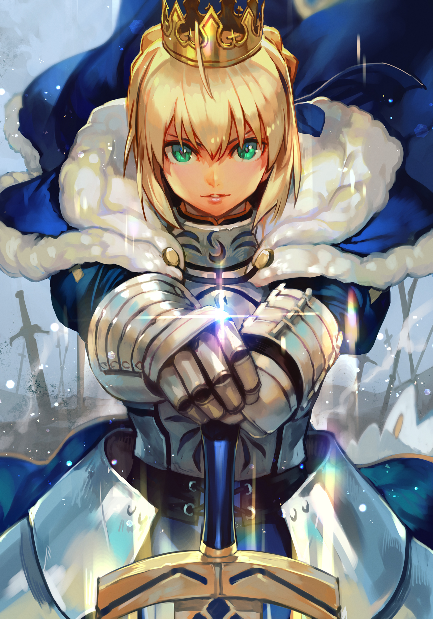 Safebooru - 1girl armor armored dress artoria pendragon (all) blonde hair blue cloak blue dress ...