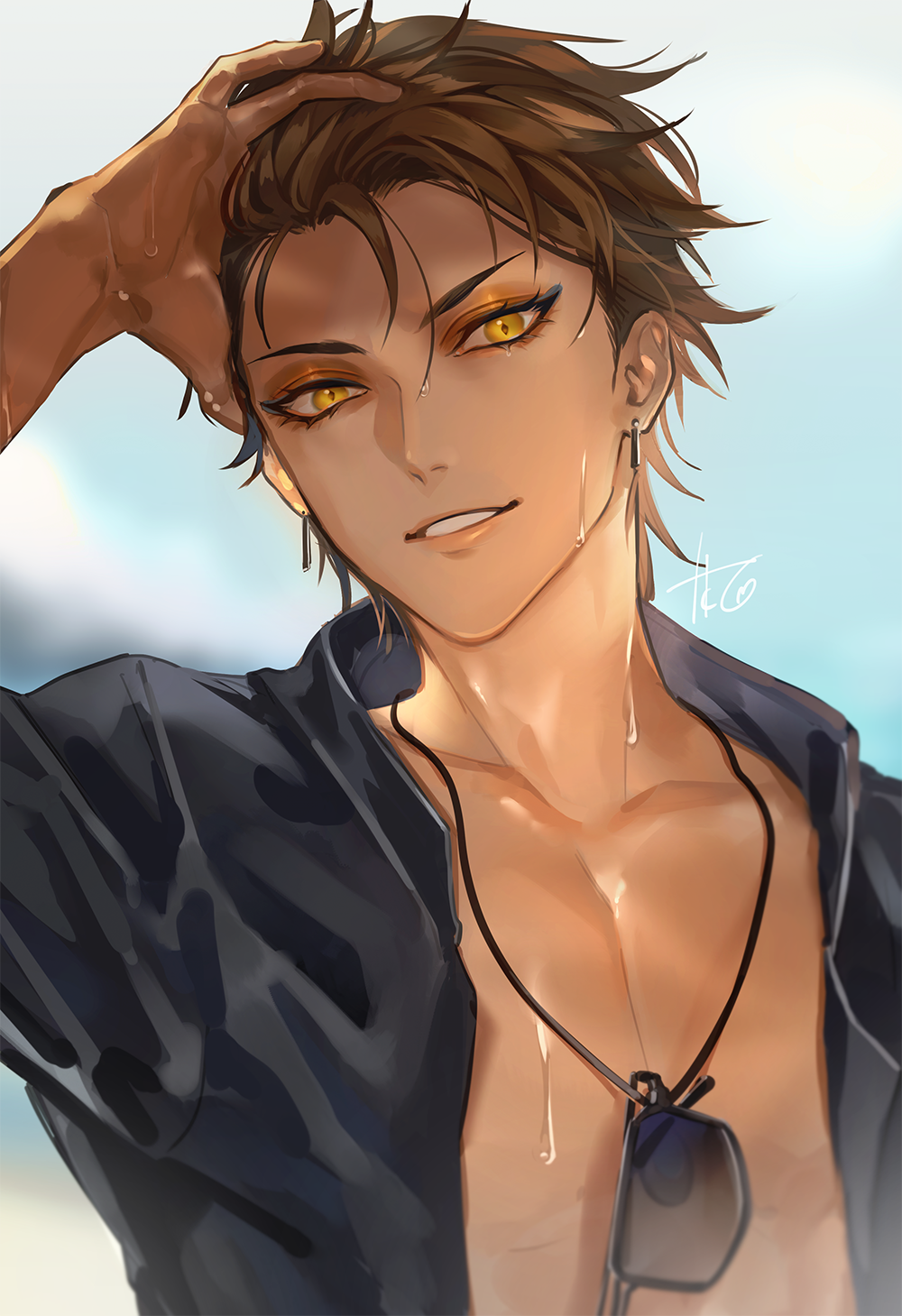 Safebooru - 1boy alternate costume alternate hairstyle blurry blurry background brown hair chest ...