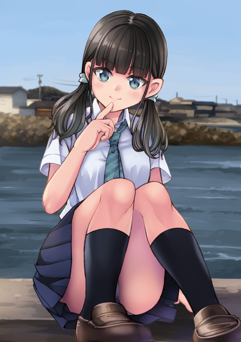 Safebooru - 1girl bangs black hair blue eyes blunt bangs blurry blurry background day eyebrows ...