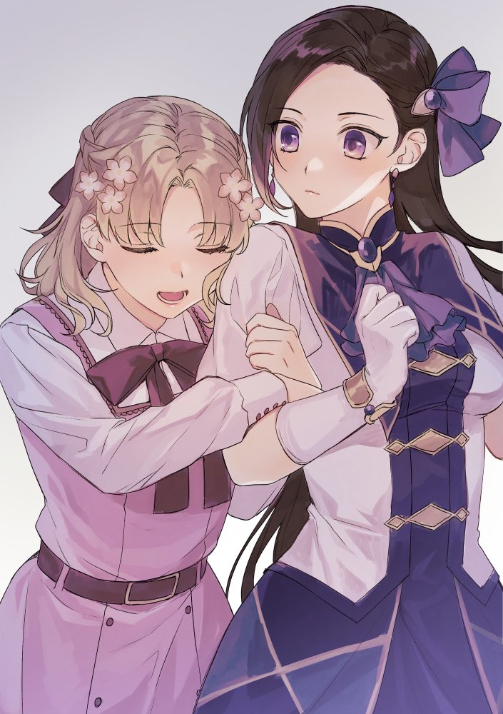 Safebooru - 2girls arm grab ascot asymmetrical bangs bangs belt black belt black border black ...