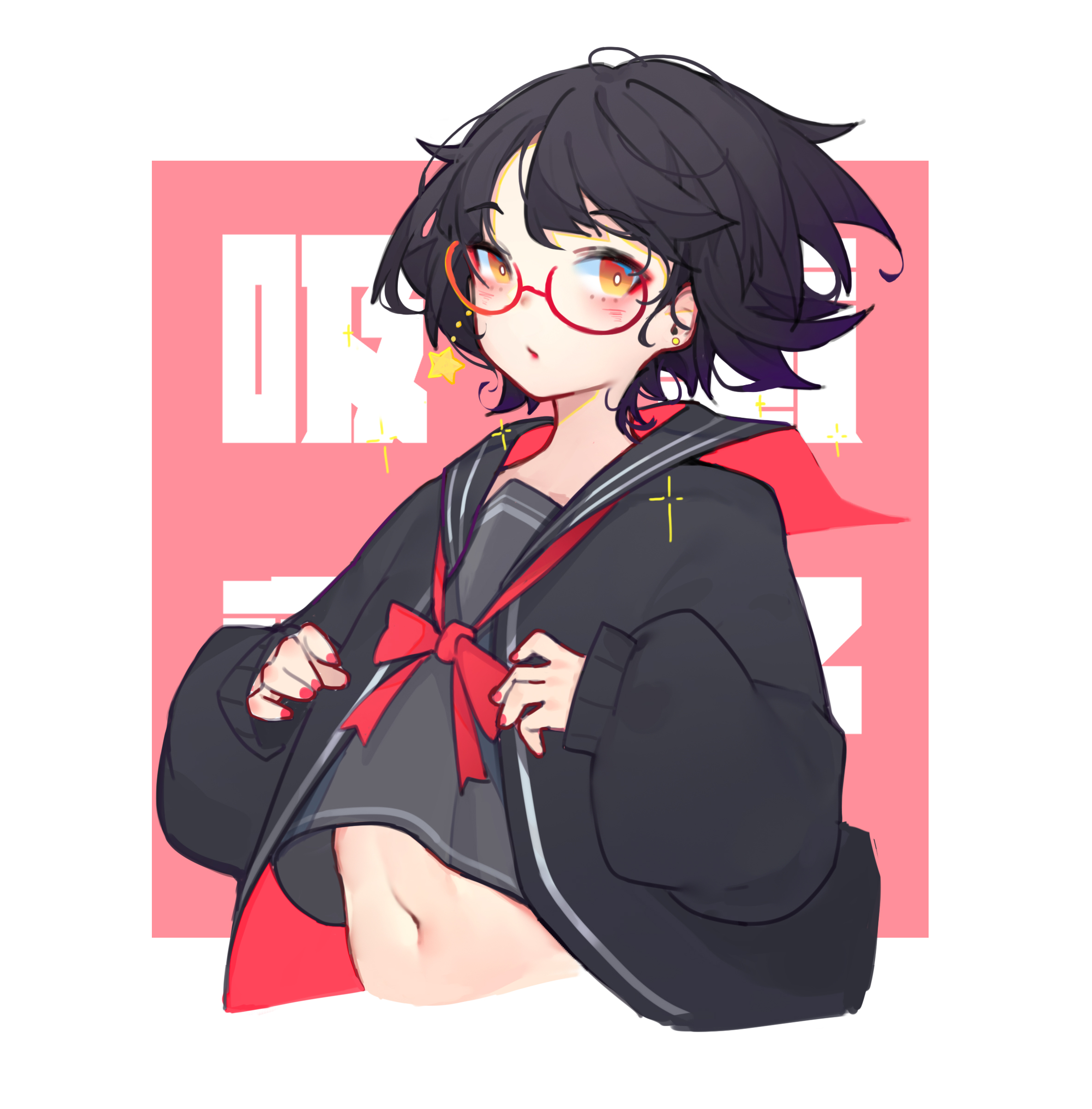 Safebooru - 1girl :o absurdres background text black cardigan black ...