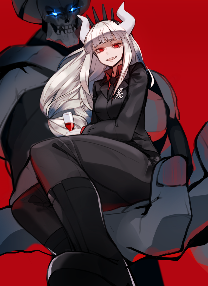 Safebooru - alcohol bangs black footwear black jacket black pants blunt ...