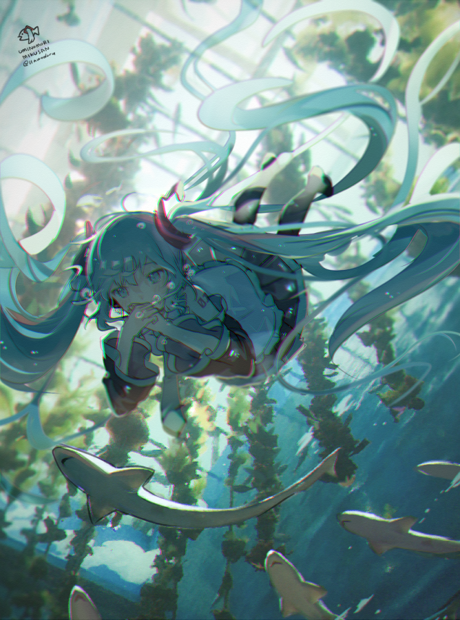 Safebooru - 1girl absurdly long hair air bubble aqua eyes aqua hair black skirt bubble chromatic ...