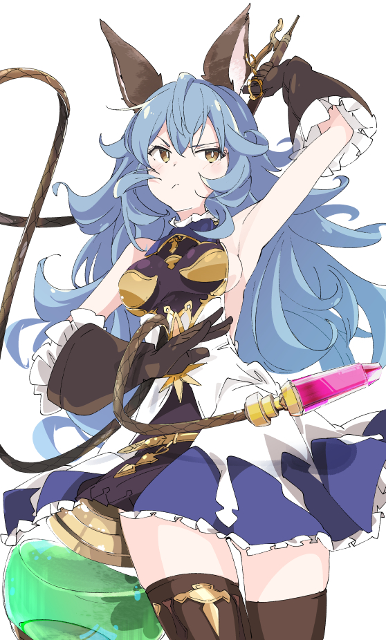 Safebooru - 1girl animal ears arm up armpits blue hair blue skirt breasts brown gloves brown ...