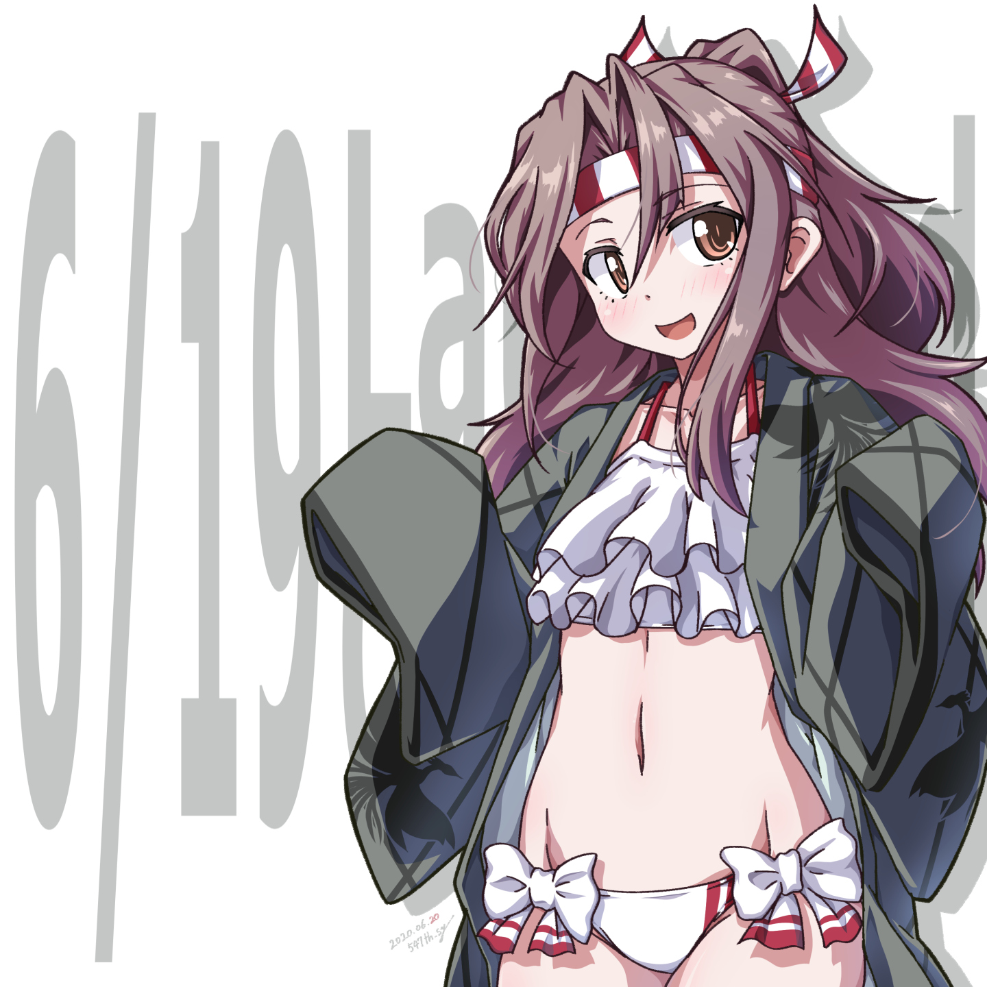 Safebooru - 1girl 547th sy apron background text bikini brown eyes commentary request cowboy ...