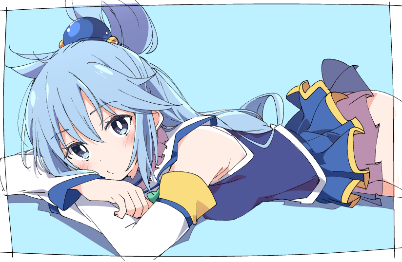 Safebooru - 1girl aqua (konosuba) blue background blue eyes blue hair blue skirt blush detached ...