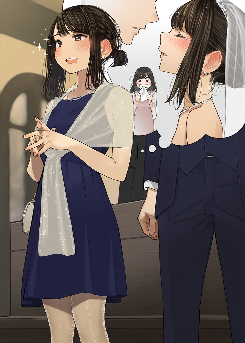 Safebooru - 1boy 2girls bag blue dress blush bridal veil brown hair commentary request dress ...