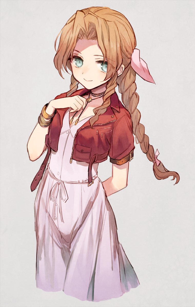 Safebooru - 1girl aerith gainsborough arm behind back blue eyes bracelet braid brown hair closed ...