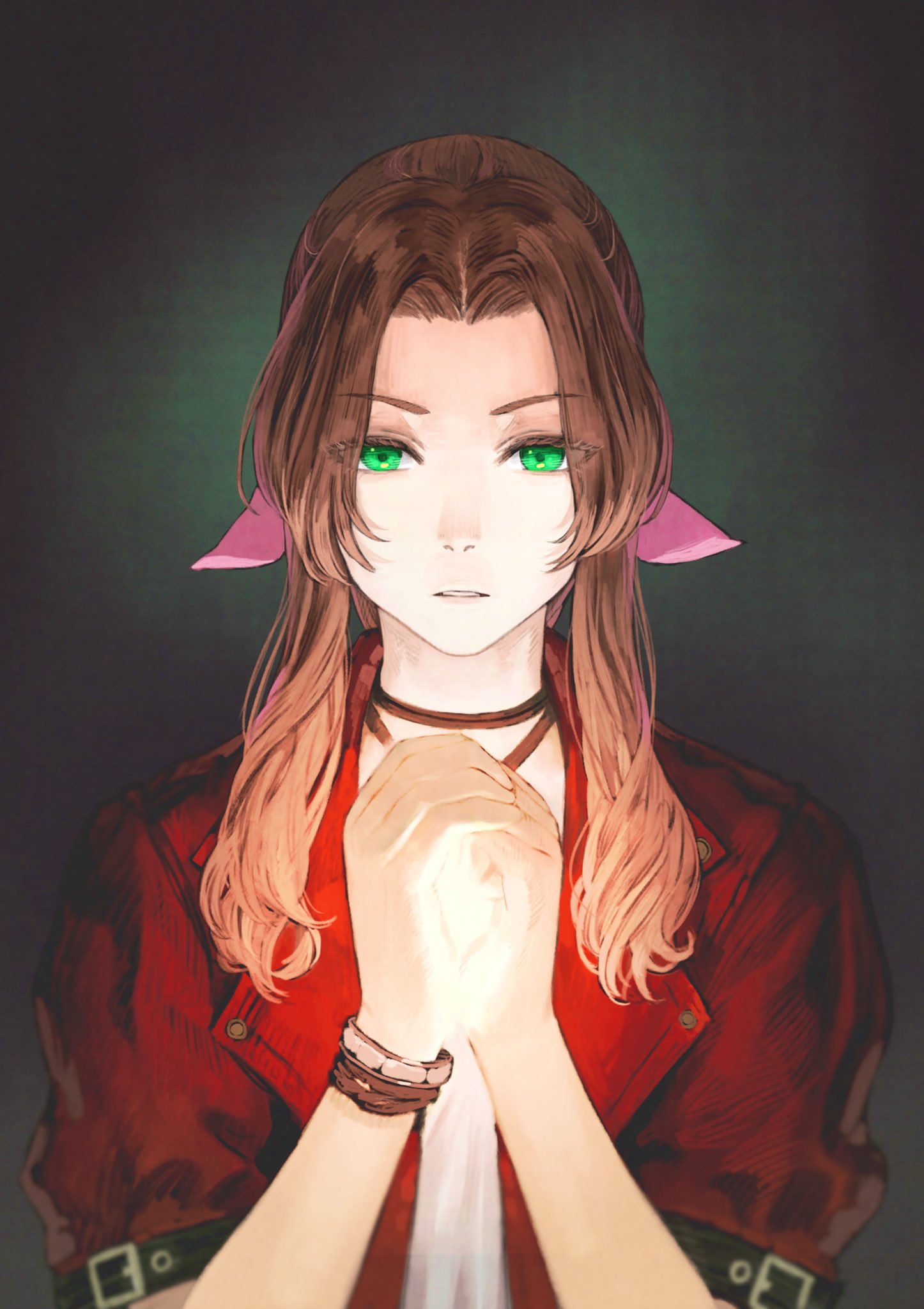 Safebooru - 1girl aerith gainsborough bow breasts brown hair dress ...
