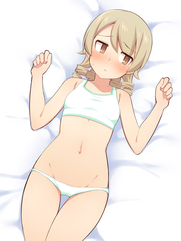 Safebooru - 1girl @ @ bangs bare arms bare shoulders bed sheet blush bra breasts brown eyes ...