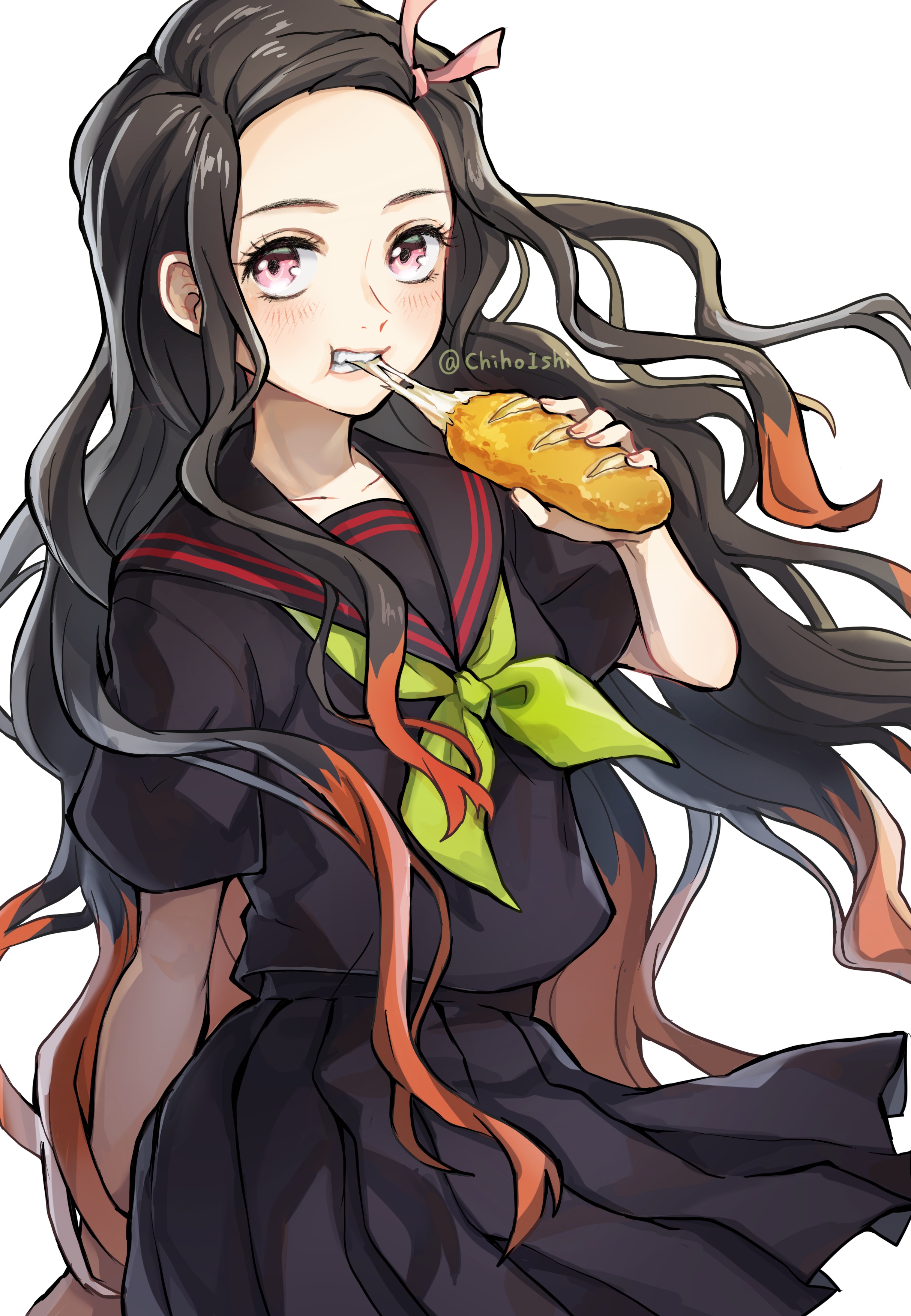 Safebooru - 1girl :t absurdres baguette biting black hair black ...