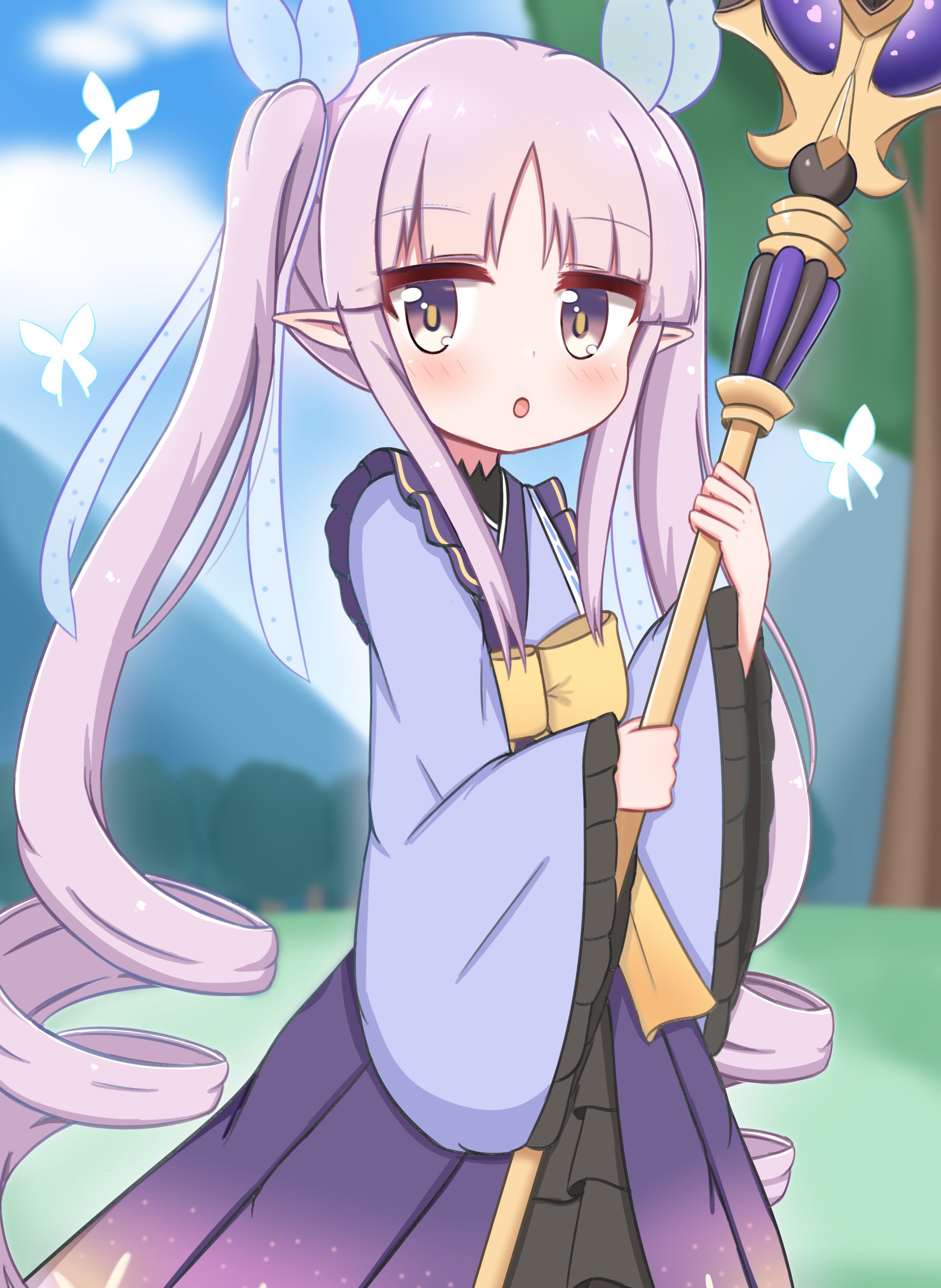 Safebooru - 1girl :o absurdres animal blue kimono blue ribbon blurry blurry background blush bug ...