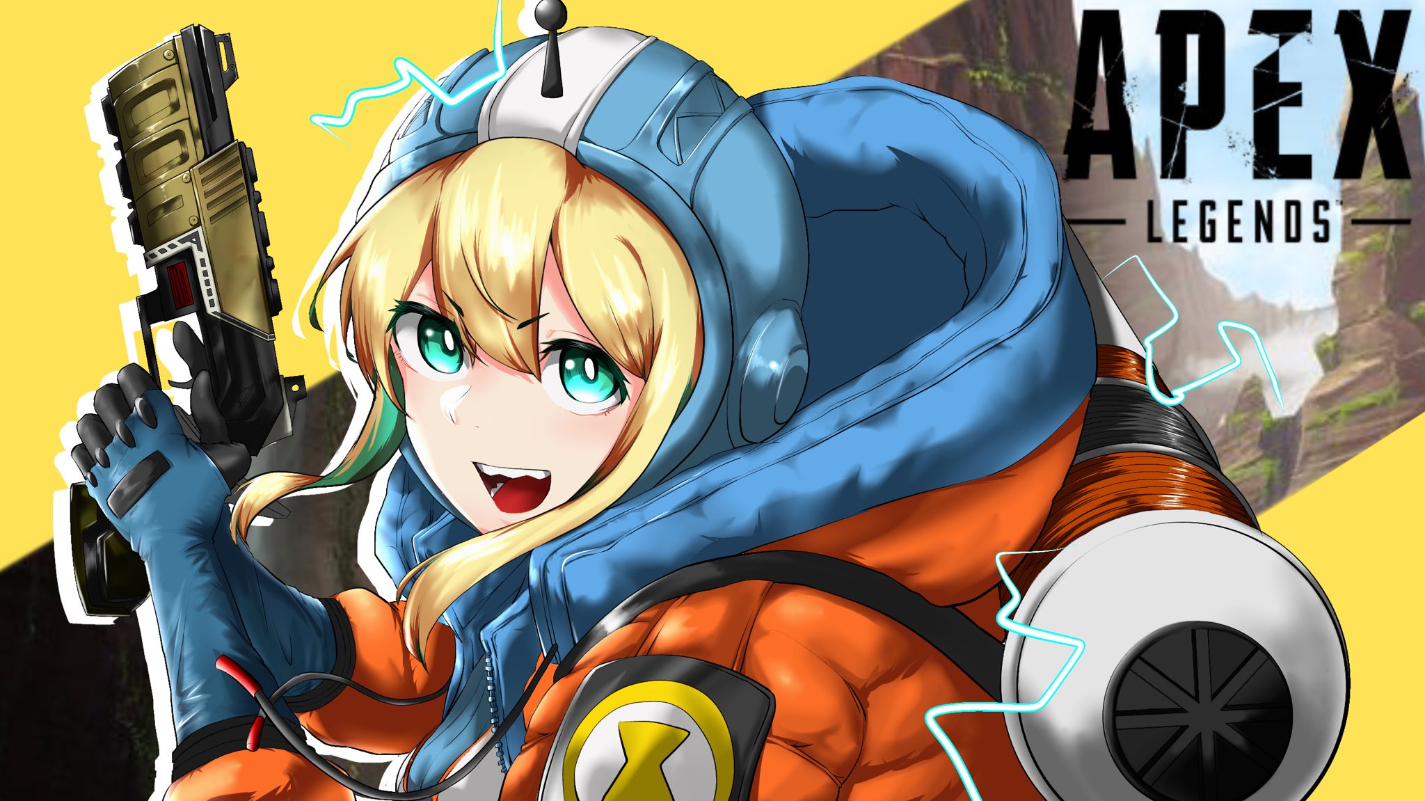 Safebooru - 1girl :d aimusu amano pikamee apex legends bangs blonde hair blue gloves commentary ...