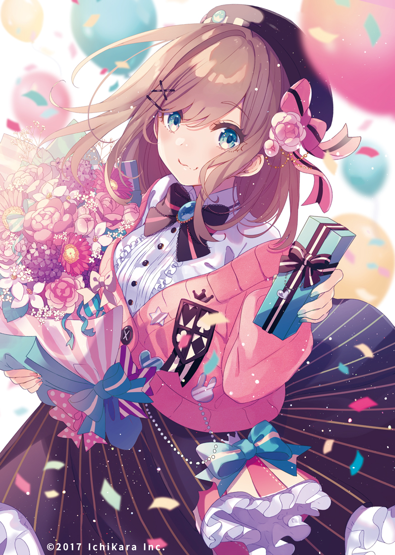 Safebooru - 1girl :3 aqua nails balloon beret black bow black headwear black skirt blue eyes ...