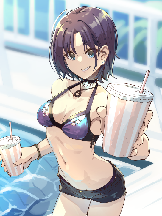 Safebooru - 1girl ahoge asakura tooru bikini black hair black shorts blue bikini blue eyes ...