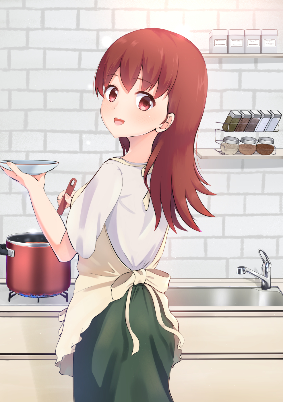 Safebooru - 1girl apron bangs brown eyes brown hair commentary request ...