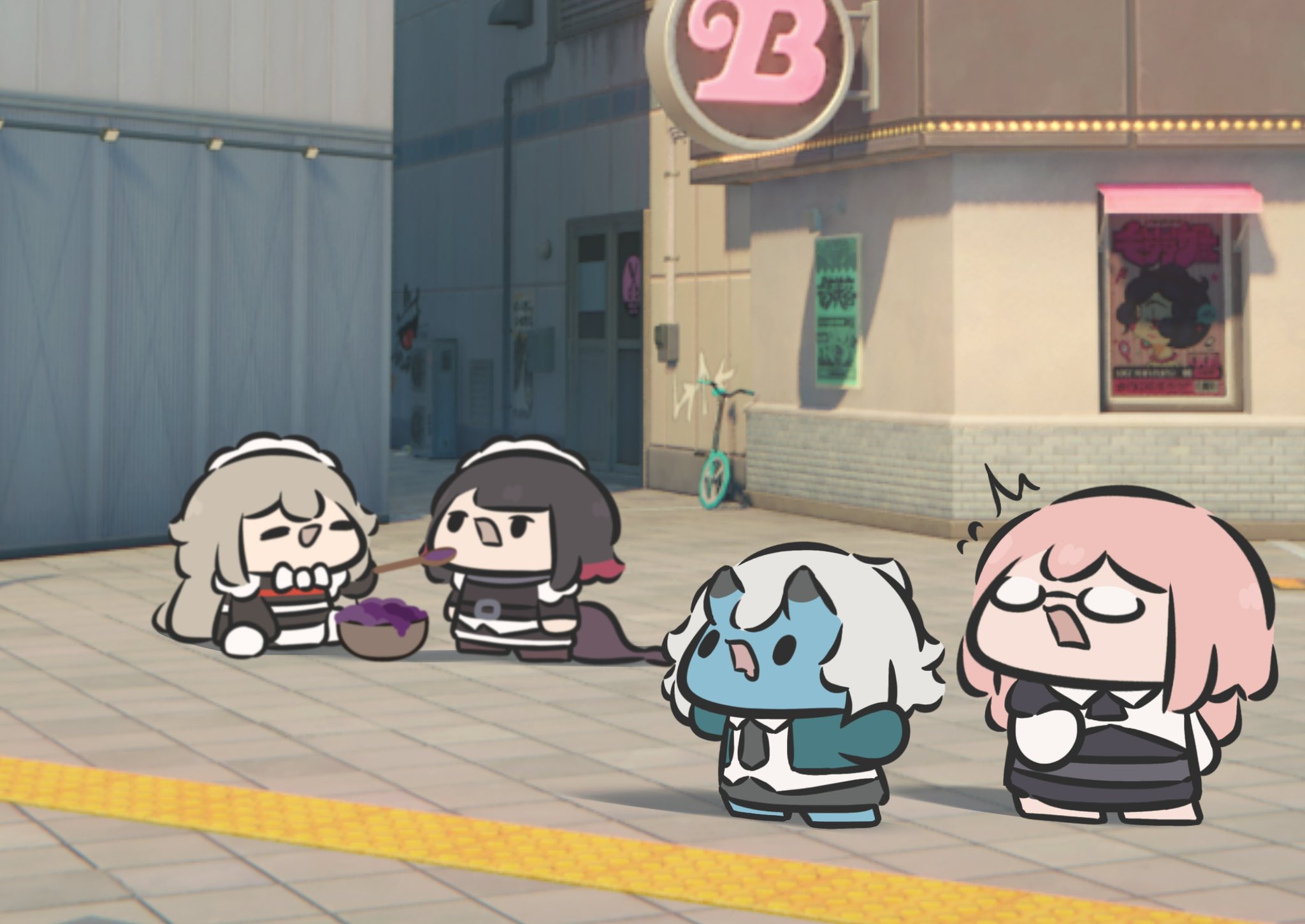 Safebooru - 4girls ^^^ alexandrina sebastiane bad food black hair blue ...