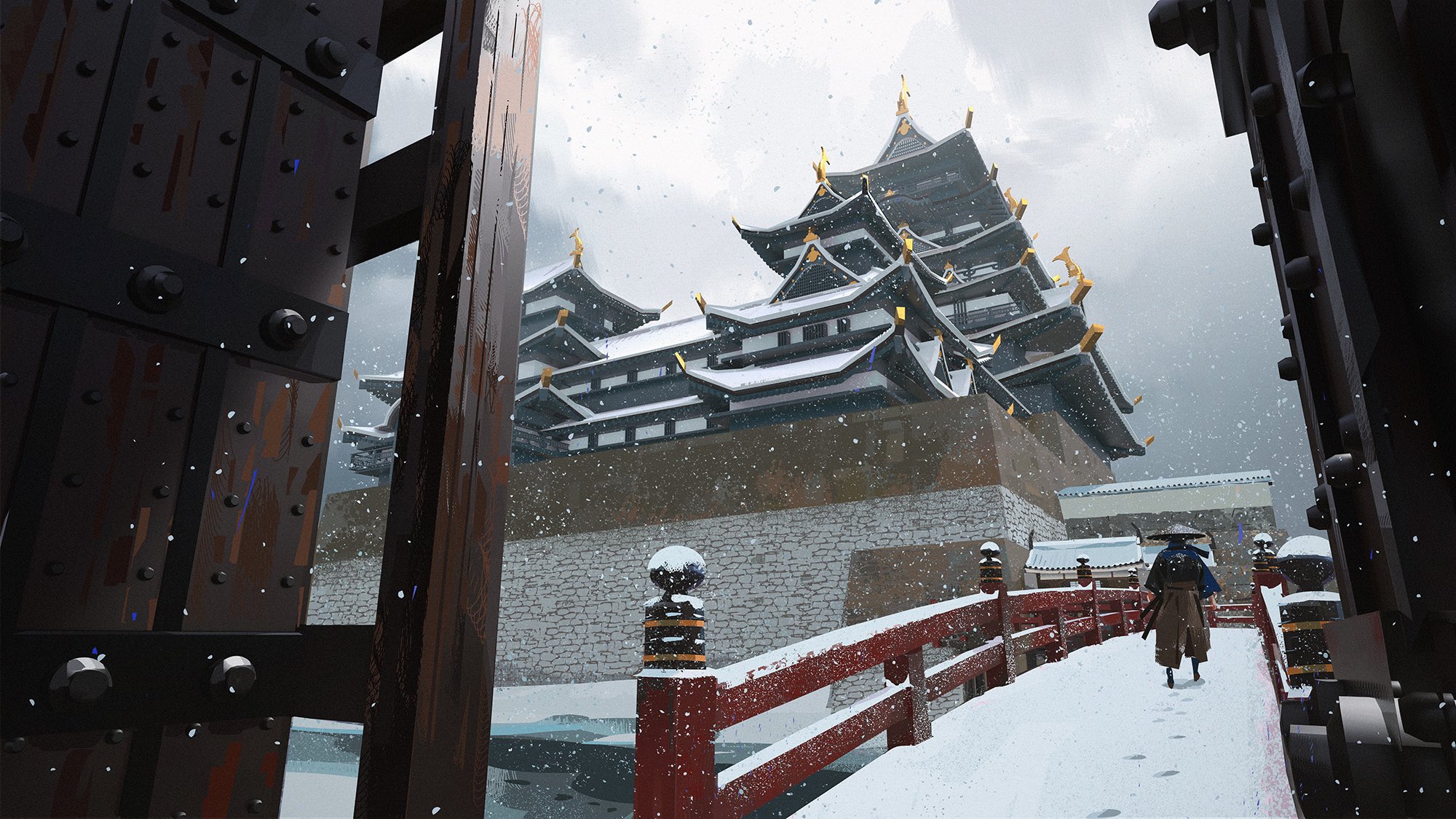 Safebooru - 1other architecture black hair blue eye samurai bridge ...