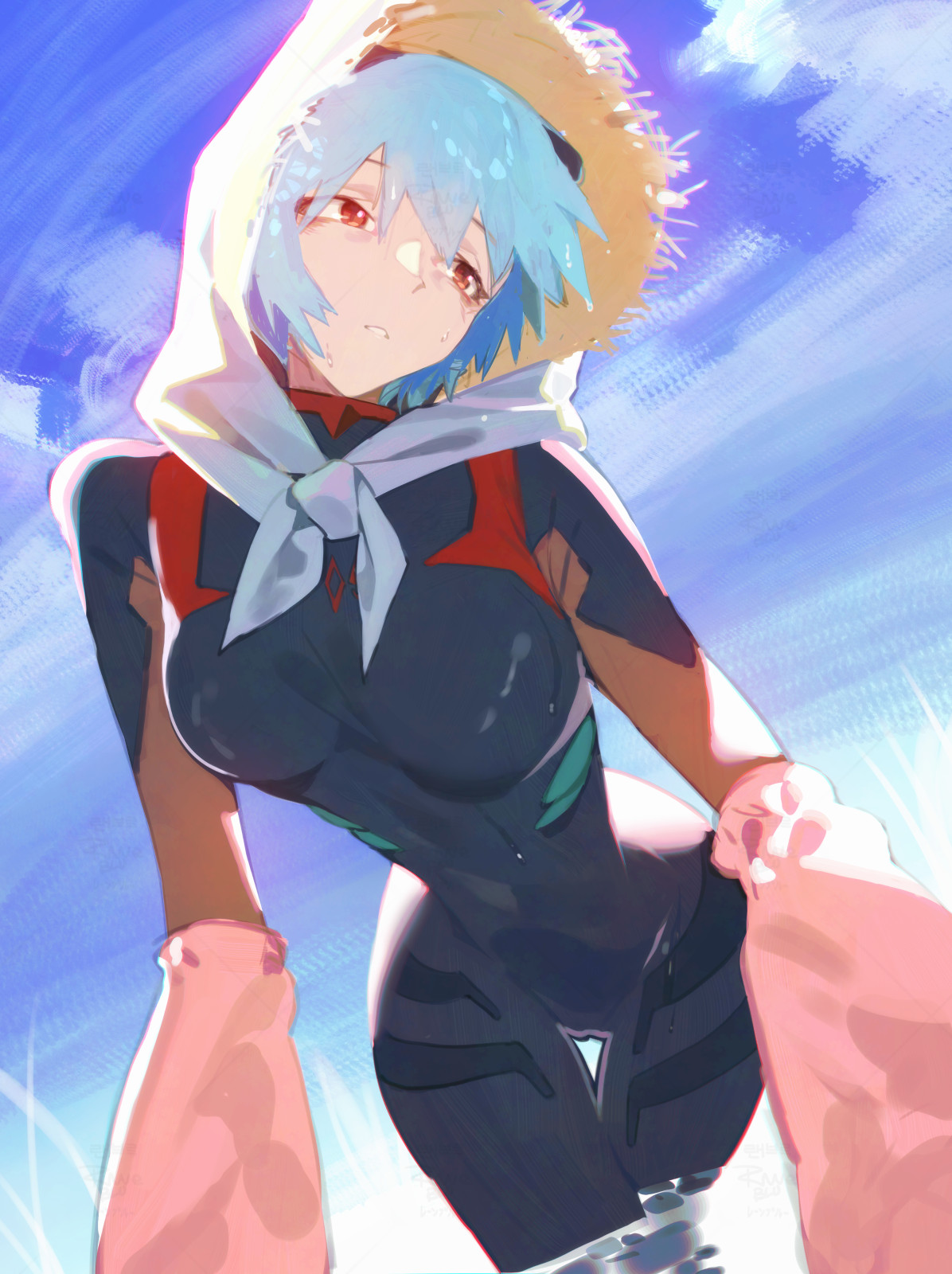 Safebooru - 1girl ayanami rei black bodysuit blue hair bodysuit bonnet breasts hat highres mecha ...