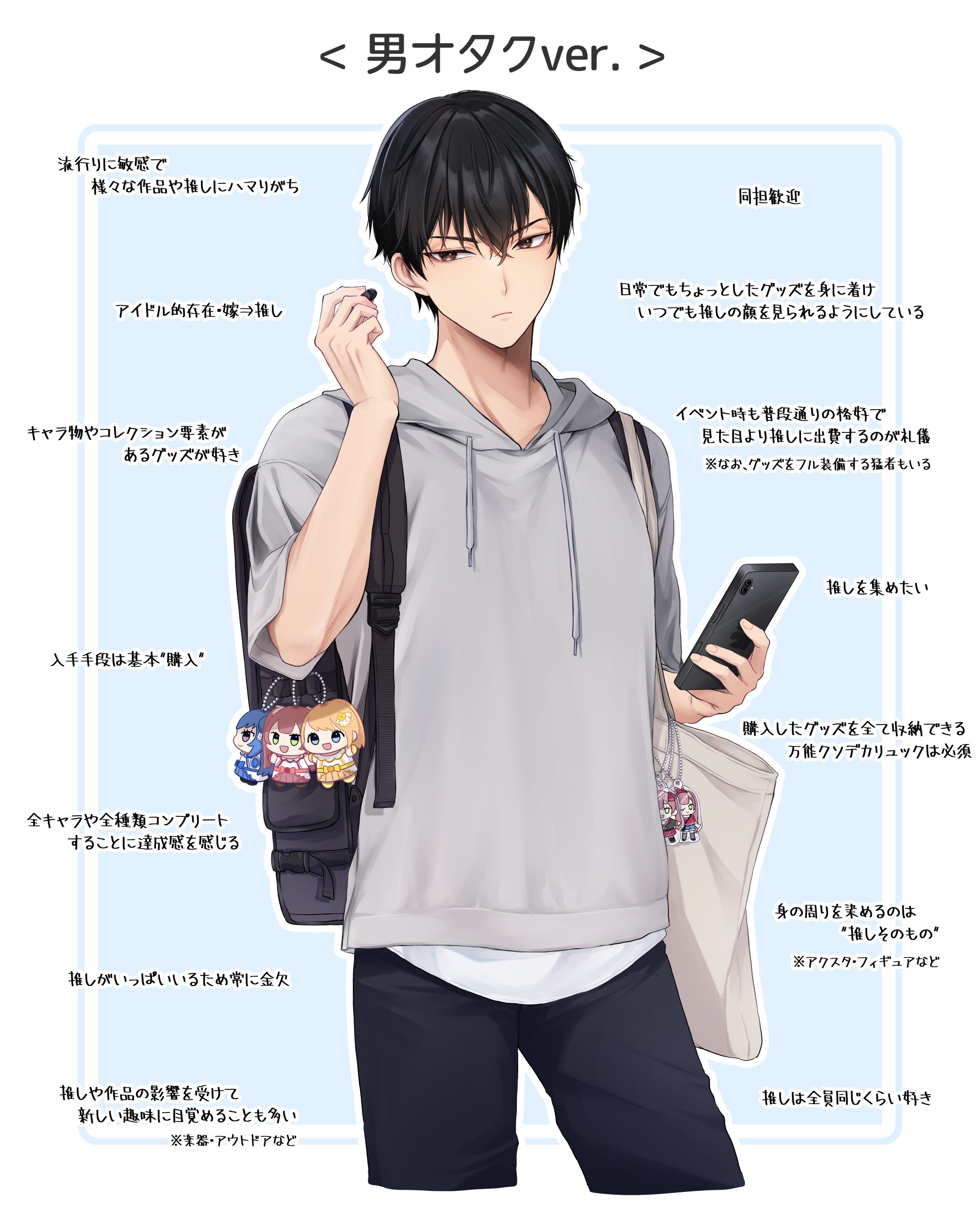 Safebooru - 1boy absurdres backpack bag black hair brown eyes cellphone character charm charm ...