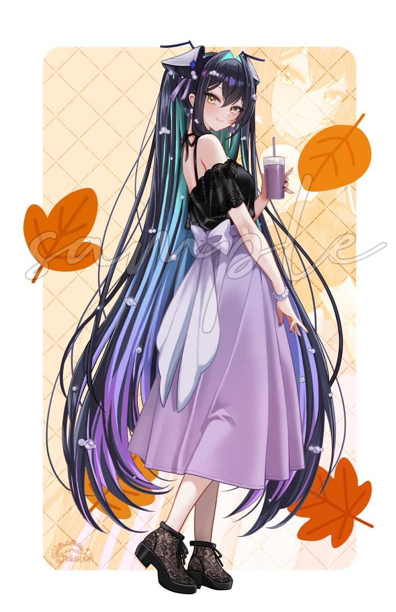 Safebooru - 1girl autumn leaves bow colored inner hair drink full body ...