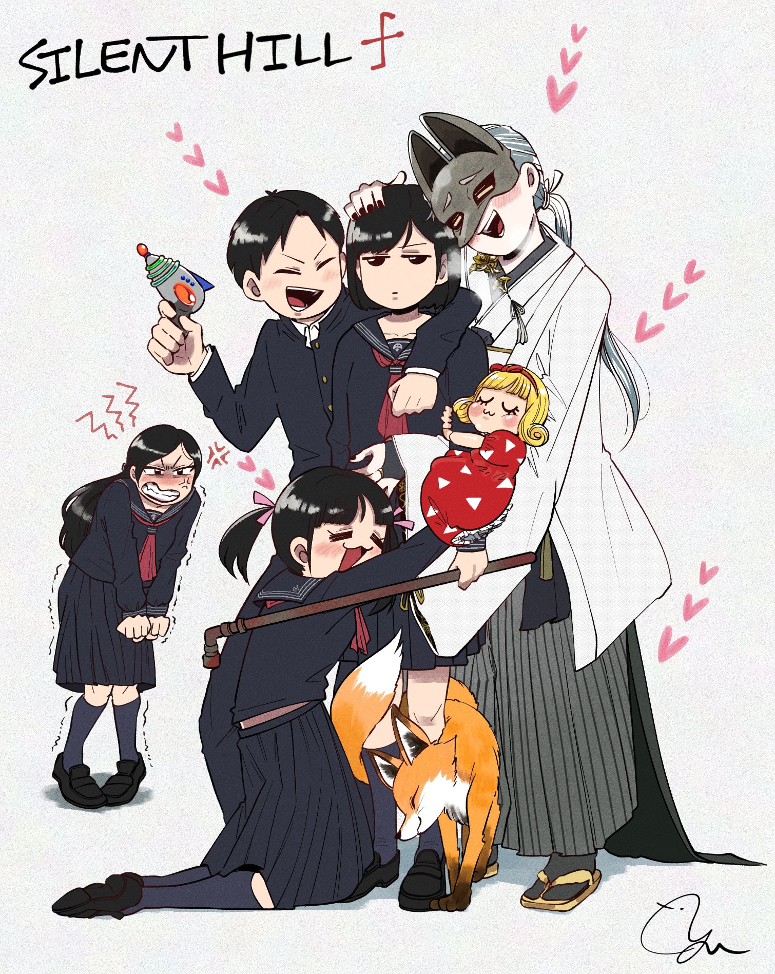 Safebooru - 2boys 3girls anger vein angry animal arm around shoulder black eyes black hair black ...
