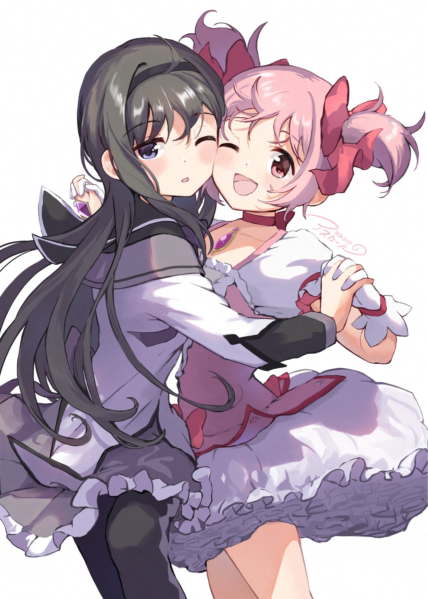 Safebooru - 2girls ;d ahoge akemi homura akemi homura (magical girl) asukaru (magika ru) black ...