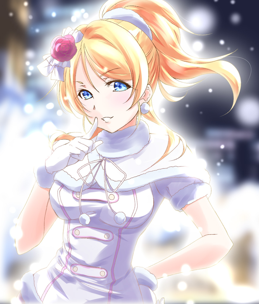 Safebooru - 1girl ayase eli bangs blonde hair blue eyes blurry blurry background bow capelet ...