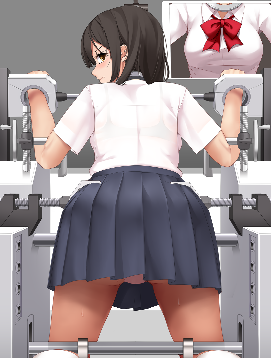 Safebooru - 1girl black hair blue skirt blush bow bowtie bra brown eyes cowboy shot eto from ...