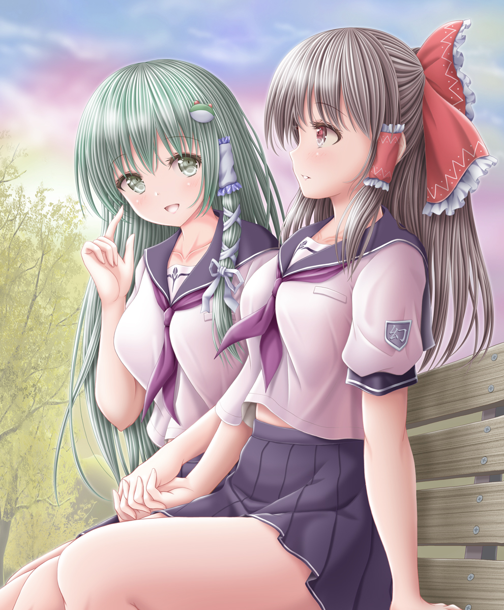 Safebooru - 2girls akino irori alternate costume arm up bench between breasts black hair blue ...