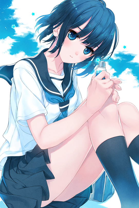 Safebooru - 1girl amamiya chiharu bag black hair black legwear black skirt blue eyes blue sky ...