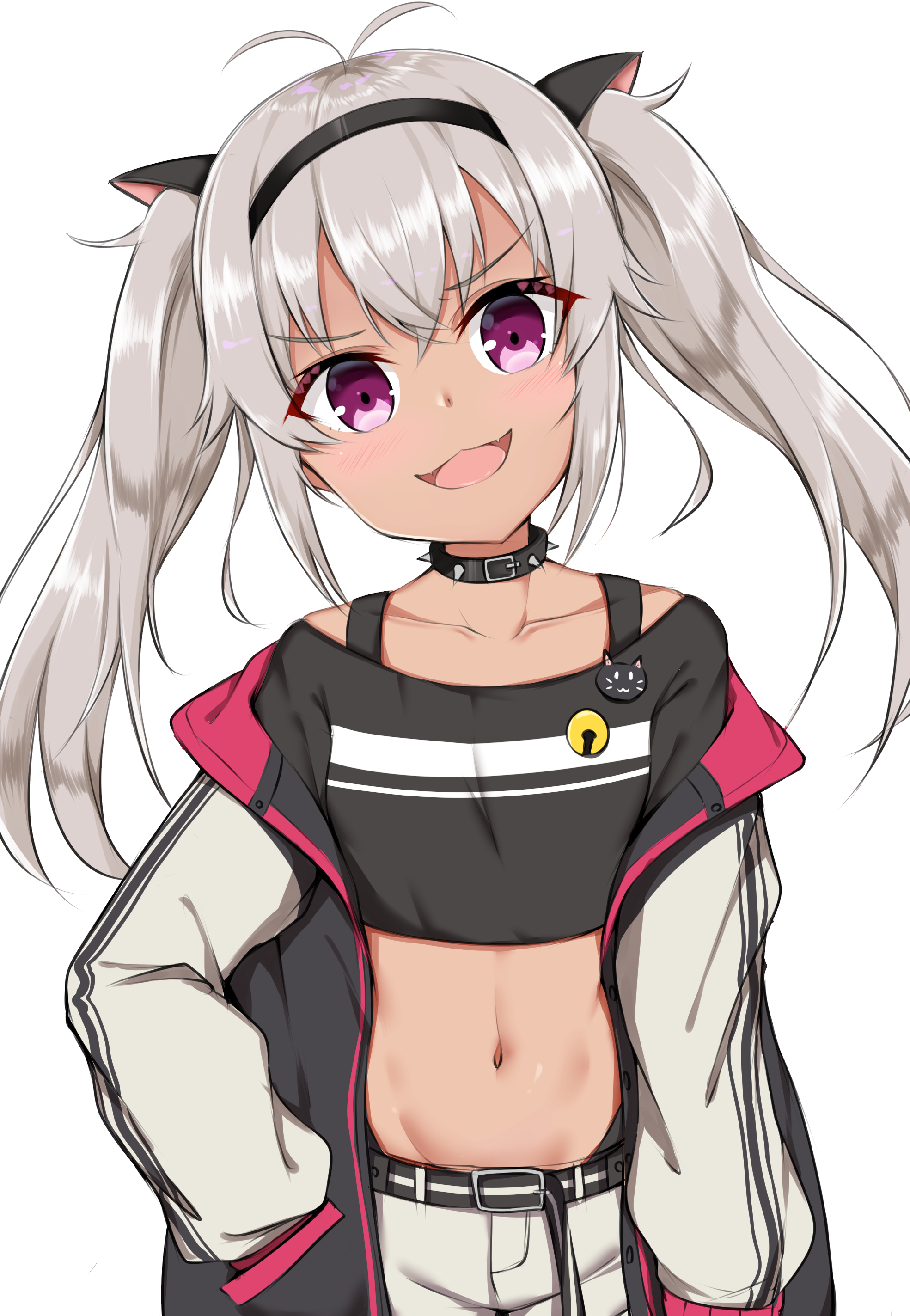 Safebooru - 1girl :d absurdres antenna hair bangs belt belt buckle black belt black collar black ...